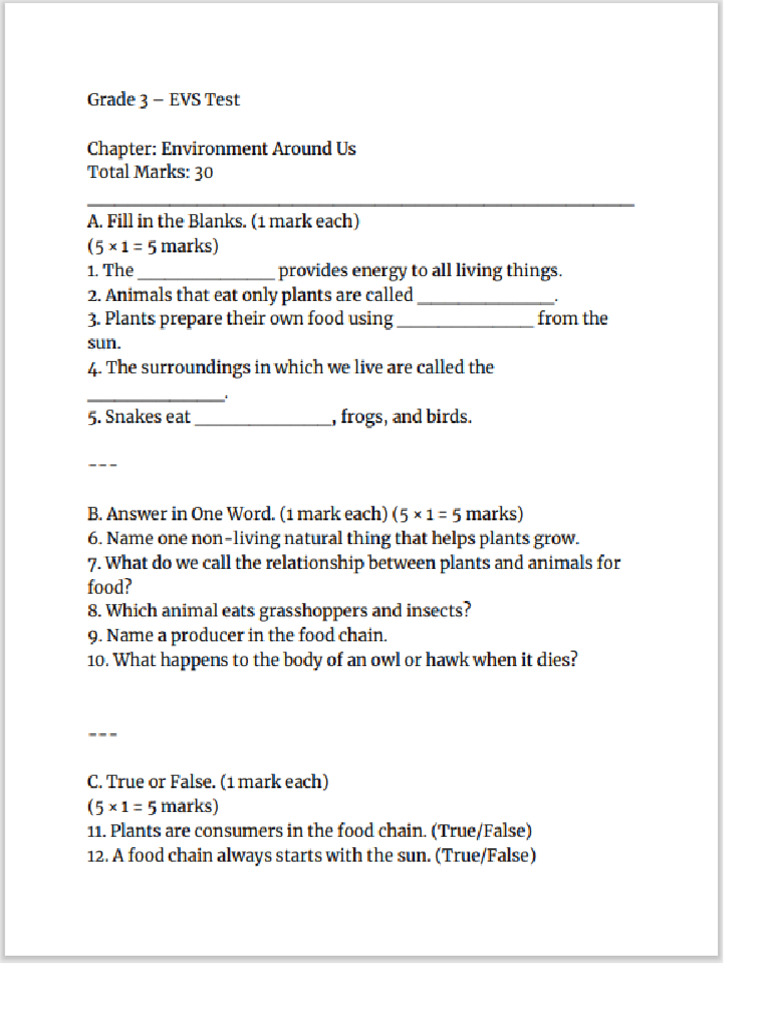 Grade 3 - EVS Test 3 | PDF