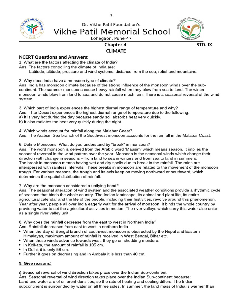 Climate Notes for Class 9 Geography | PDF | Monsoon | Rain