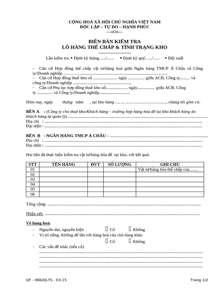 QF - 06b - QLTS - Bien Ban Kiem Tra Lo Hang The Chap Va Tinh Trang Kho | PDF