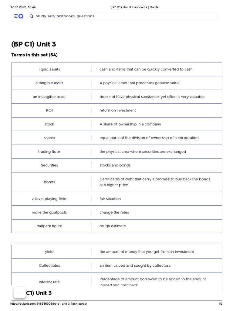 (BP C1) Unit 3 Vocabulary List | PDF | Stocks | Investing
