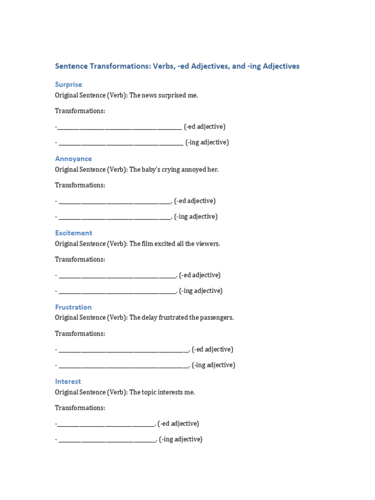 Sentence_Transformations- verbs, -ed & -ing adjectives | PDF
