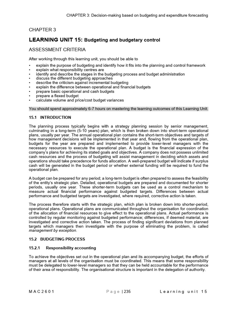 Mac2601 Learning Unit 15 | PDF | Budget | Business