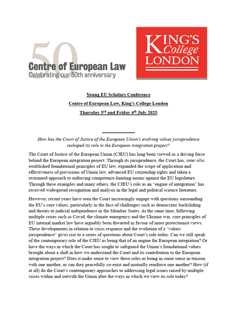 CfP Kings College London | PDF | European Union | European Integration