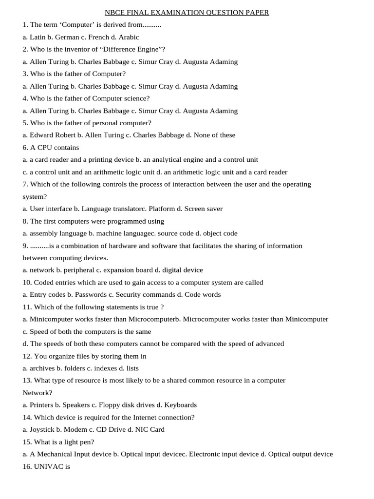 Nbce Final Examination Question Paper | PDF | Computer Data Storage ...