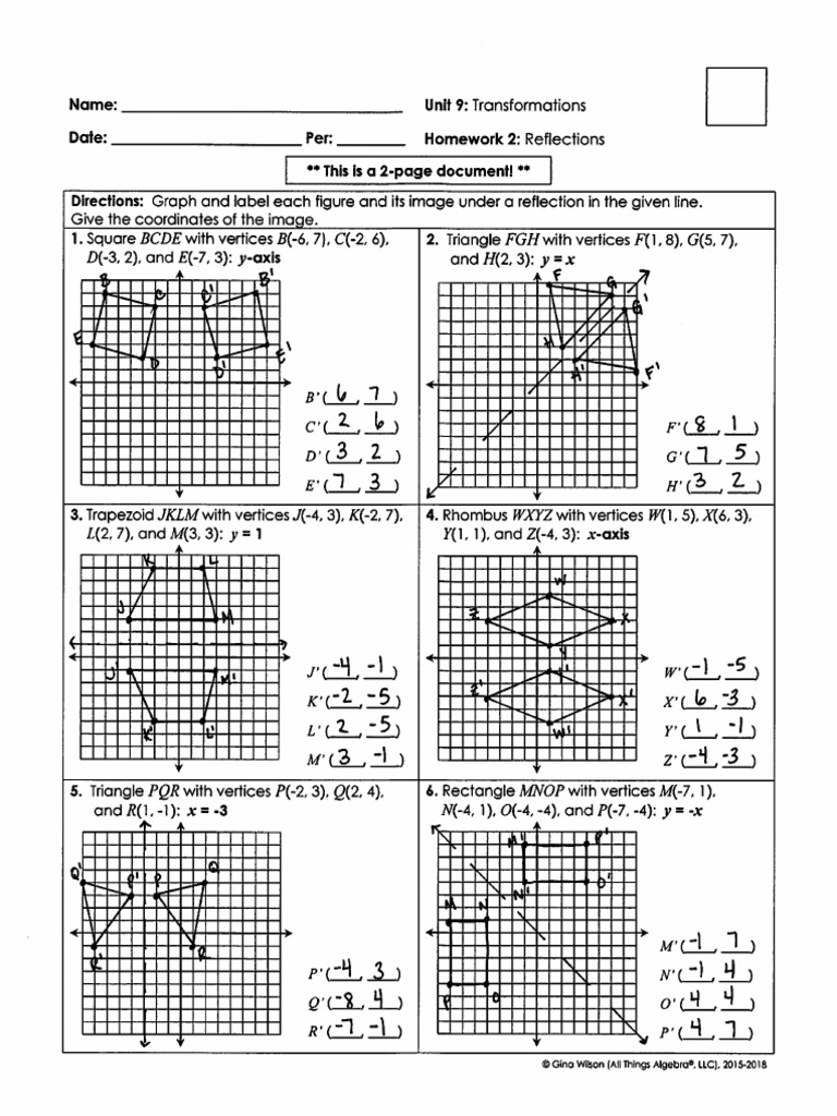 Lesson 9.2 Reflections Practice WS Answer Key | PDF
