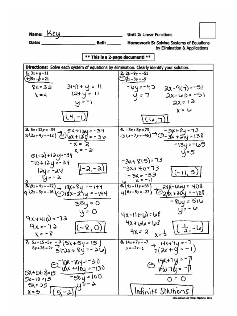 Solving Systems by Elimination HW Key | PDF