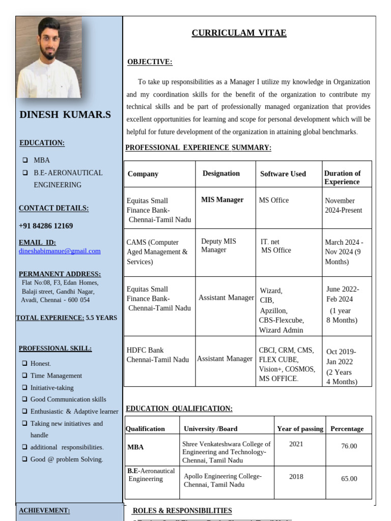 DINESH KUMAR S-Resume (MIS Manager (1) | PDF | Financial Services