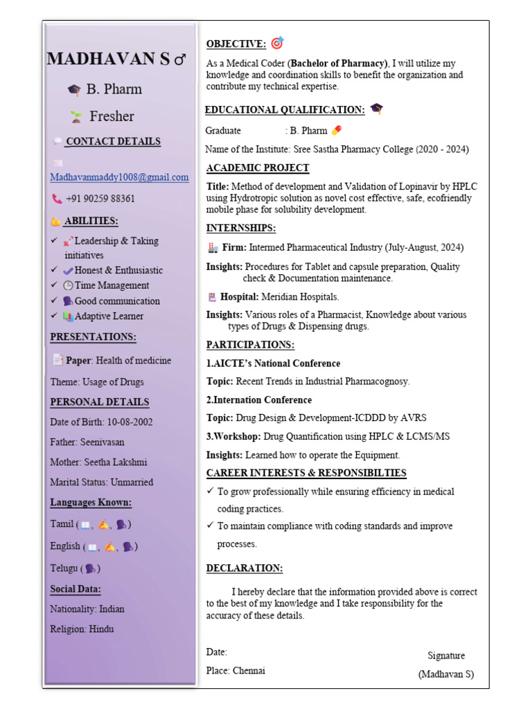 Madhavan Resume 20250101 | PDF | Pharmacy | Health Care