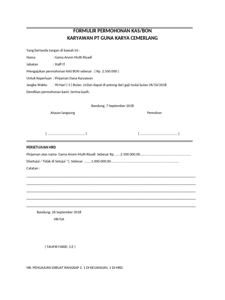 Formulir Permohonan Kas Bon | PDF