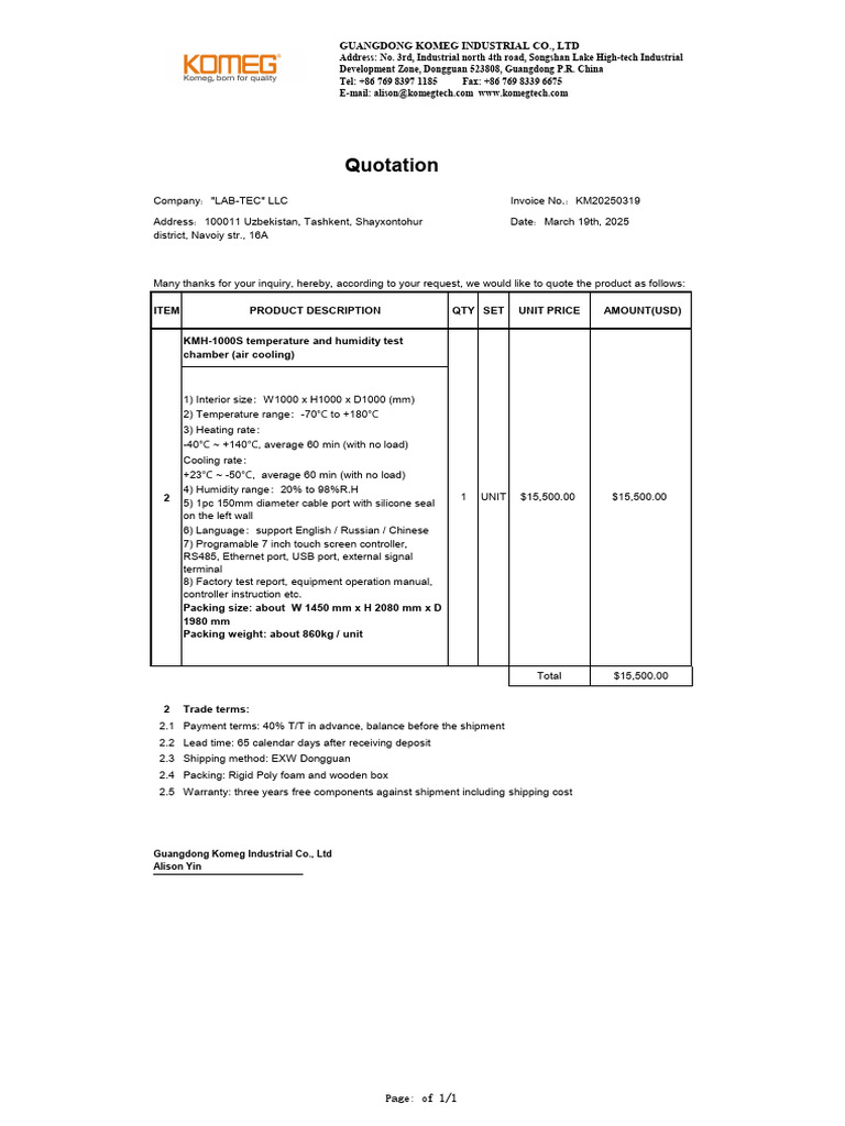 Komeg Quotation of Temperature and Humidity Chamber KMH 1000S LAB | PDF