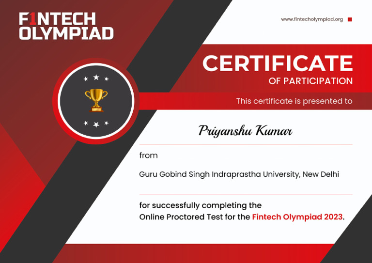 Fintech Olympiad Certificate - Priyanshu Kumar | PDF
