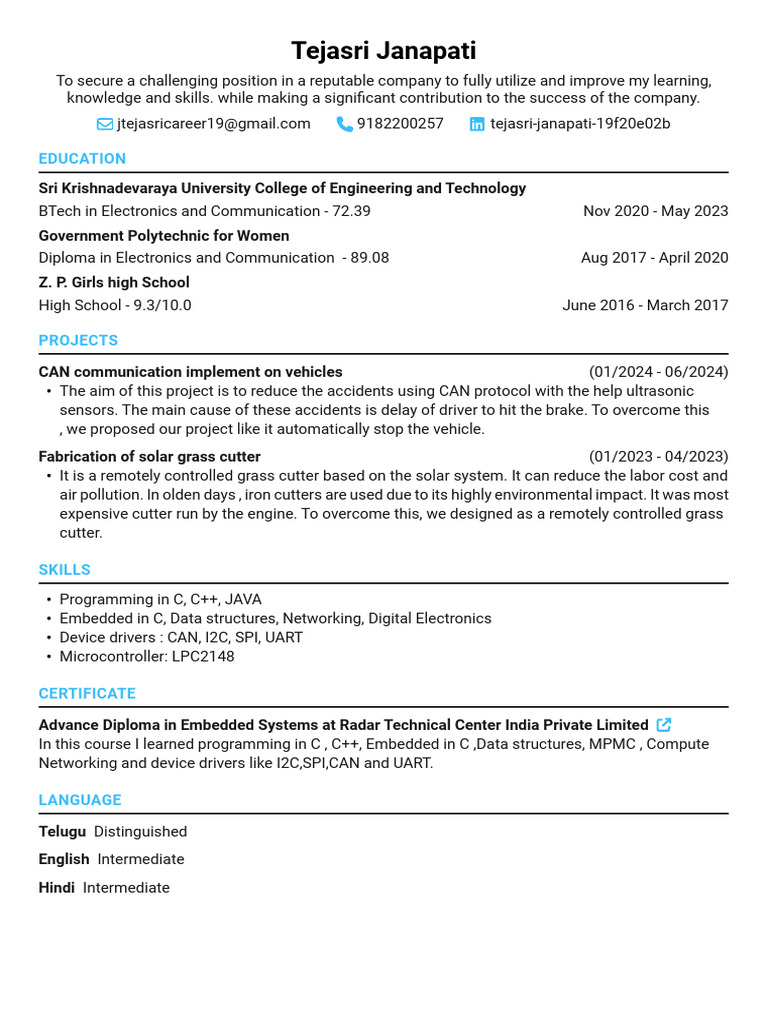 Tejasri Janapati's Engineering Profile | PDF