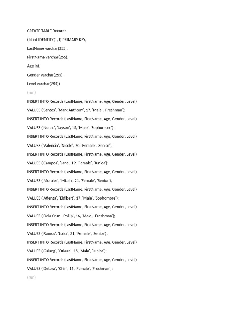 SQL Table Creation and Data Insertion | PDF
