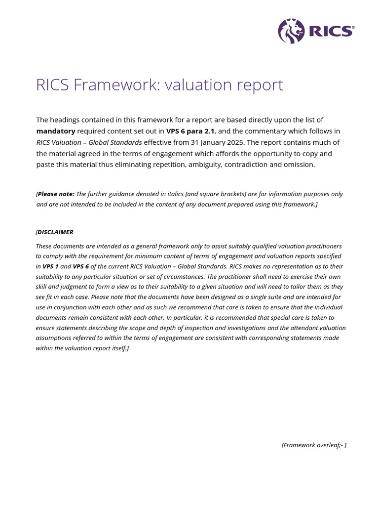 RICS Valuation Report Framework 2025 | PDF | Real Estate Appraisal ...