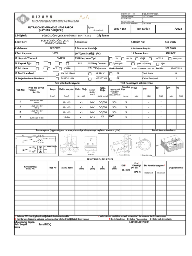 Dqe Form 002a Ut Ham Raporu en Iso - Asme (Kaynak Di̇ki̇şleri̇) | PDF
