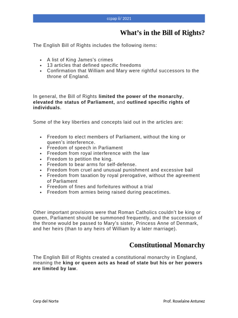 What Is in The English Bill of Rights 1689 | PDF