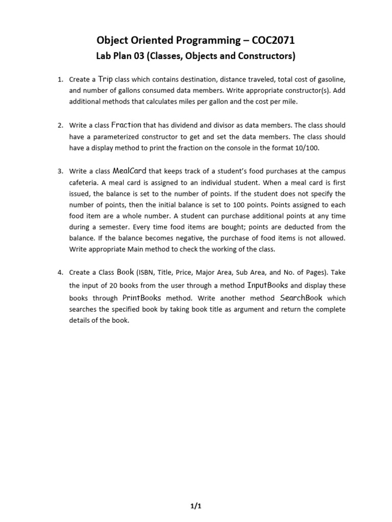 COC2071 - Lab Manual 03 (Classes, Objects and Constructors) | PDF