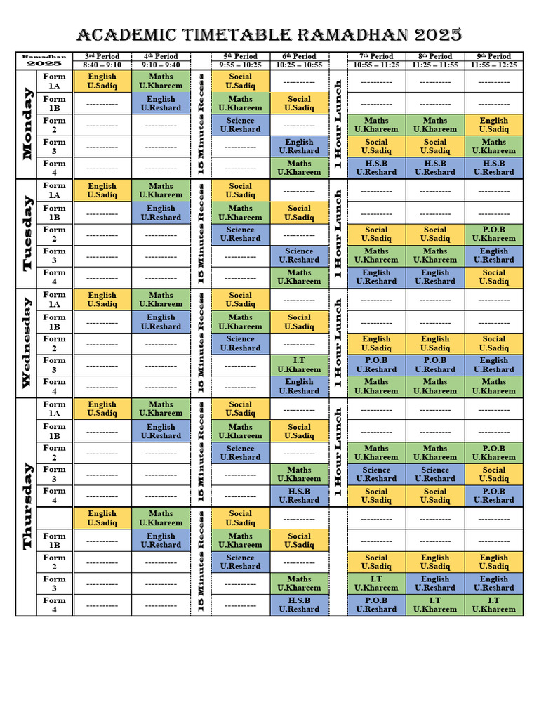 Academic Timetable Ramadhan 2025 | PDF