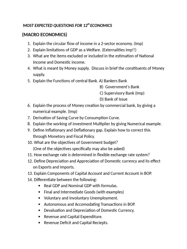 Key 12th Grade Economics Questions | PDF | Balance Of Payments ...