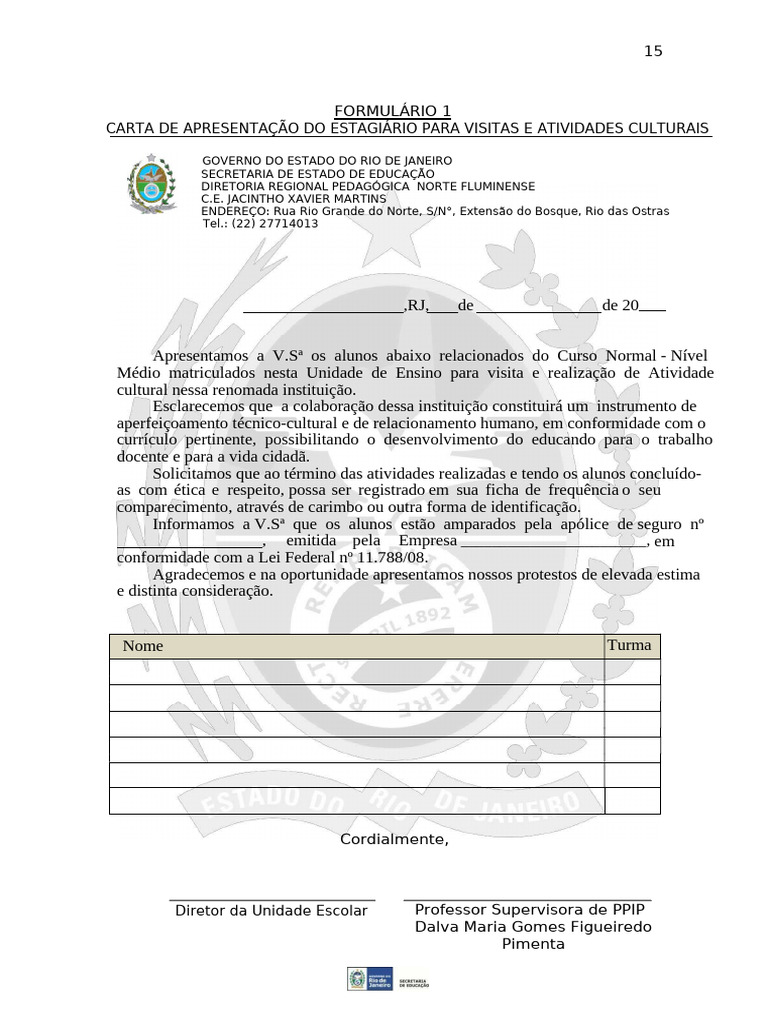 Formulários de Estágio 1, 2, 3, 4, 5, 6, 7, 8 | PDF | Pedagogia | Estágio