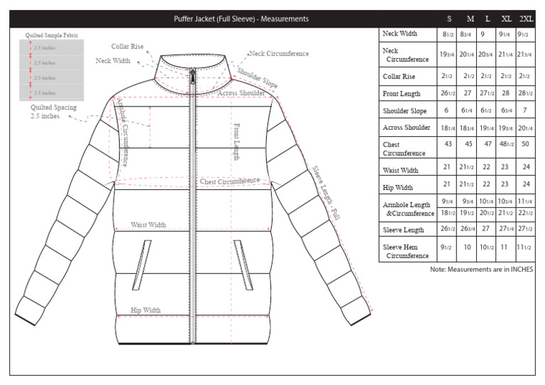 Puffer Jacket Size Measurements Guide | PDF | Clothing | Fashion