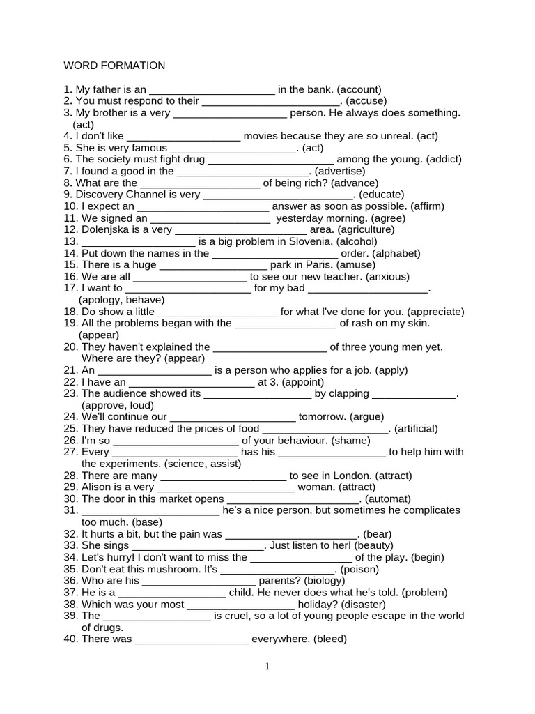 Word Formation Exercises WF011 | PDF