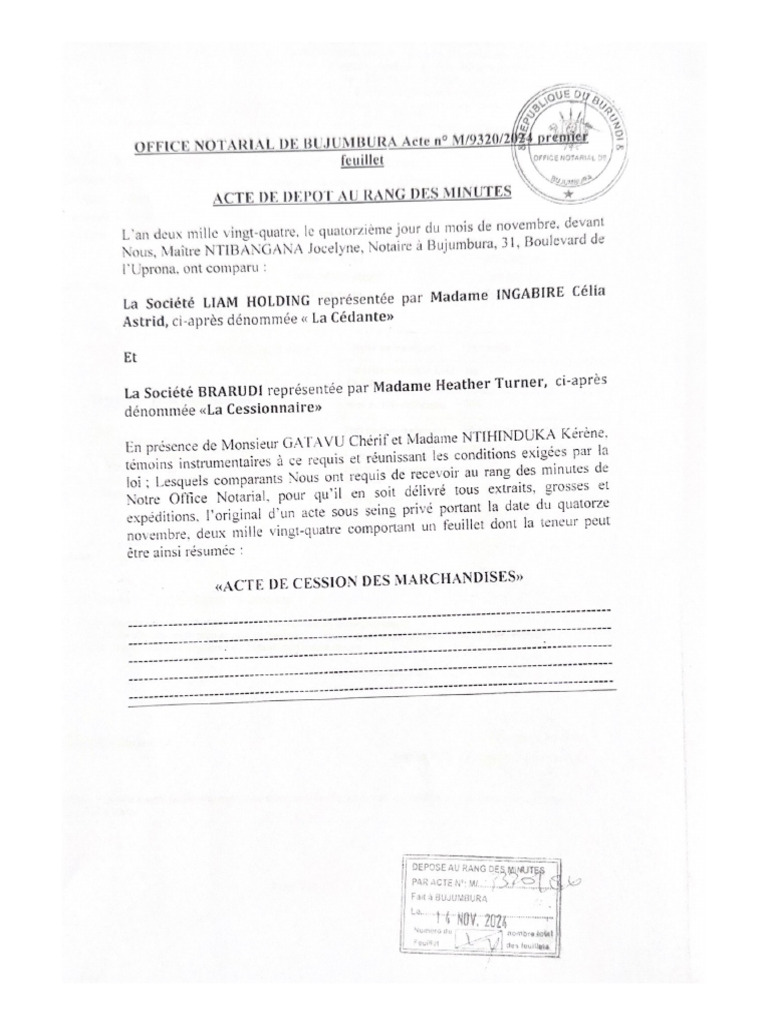 OFFICE NOTARIAL DE BUJUMBURA Acte n° M93202024 preniter-1 | PDF