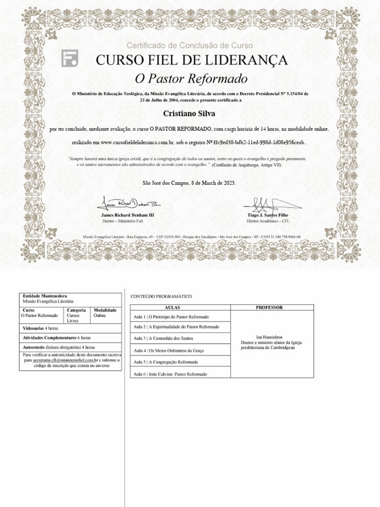 O Pastor Reformado-Modelo de Certificado 15237 | PDF