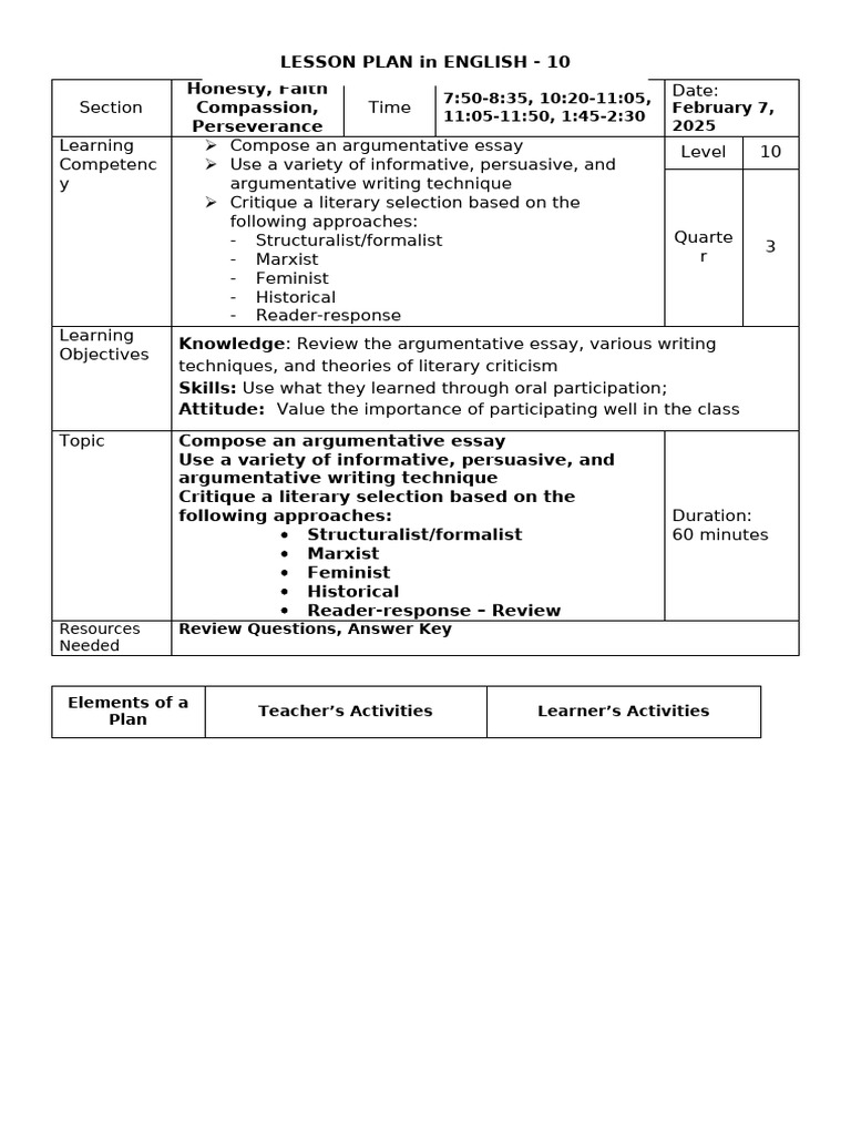 Argumentative Essay Lesson Plan | PDF | Learning | Essays