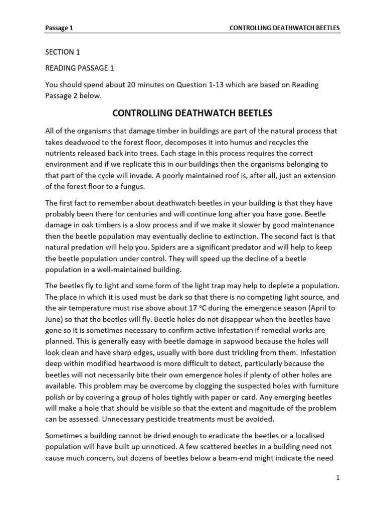 55 Passage 1 - Controlling Deathwatch Beetles q1-13 | PDF | Beetle | Wood