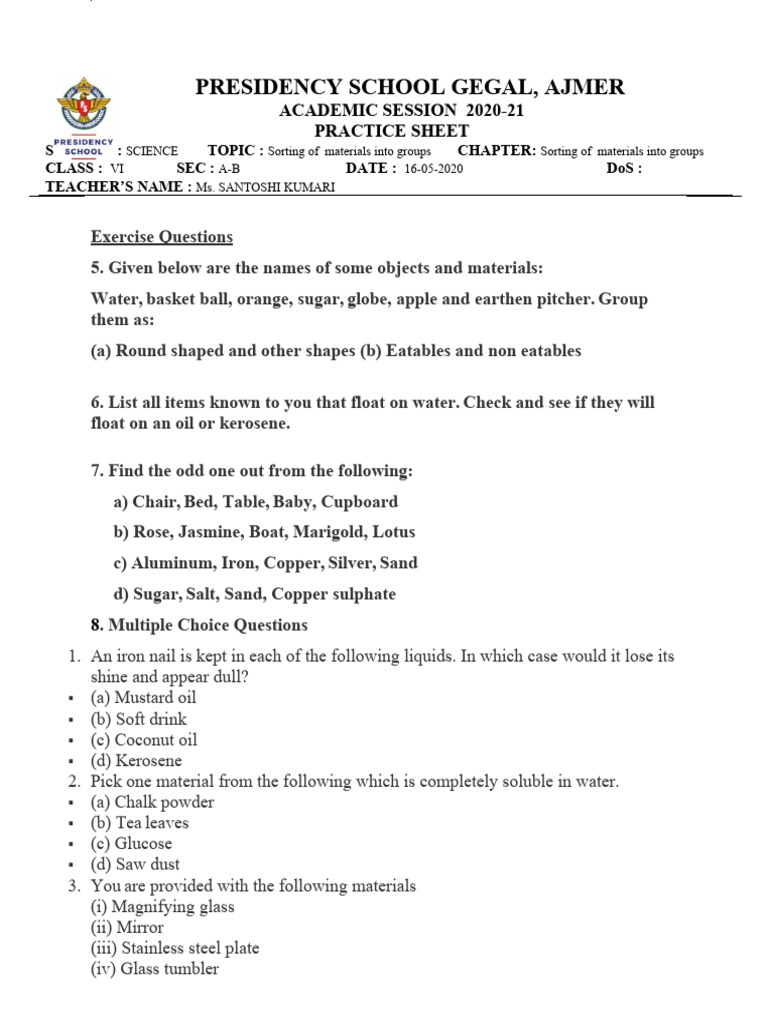 2 Worksheet- Sorting of materilas into group | PDF | Materials