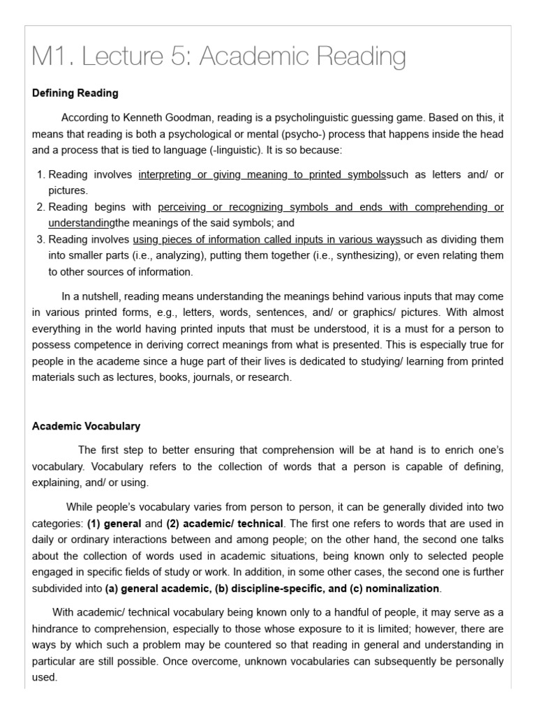 M1. Lecture 5 - Academic Reading - Arts & Humanities Elective | PDF | Vocabulary | Reading ...