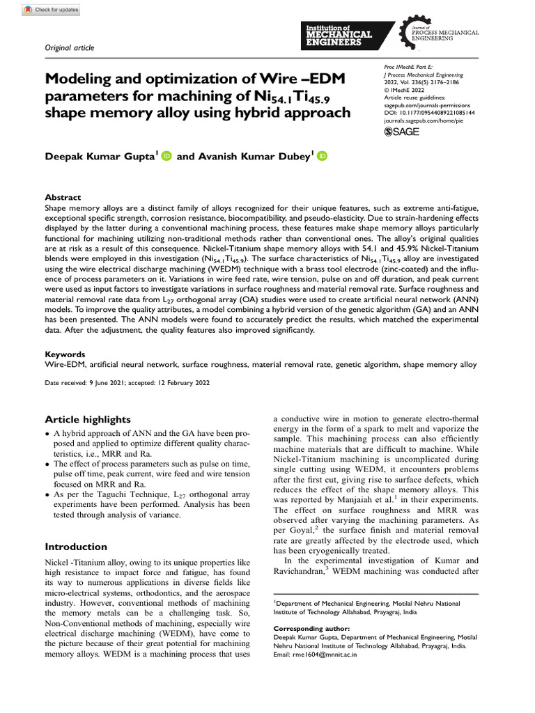 Gupta Dubey 2022 Modeling and Optimization of Wire Edm Parameters For Machining of Ni54 1ti45 9 ...