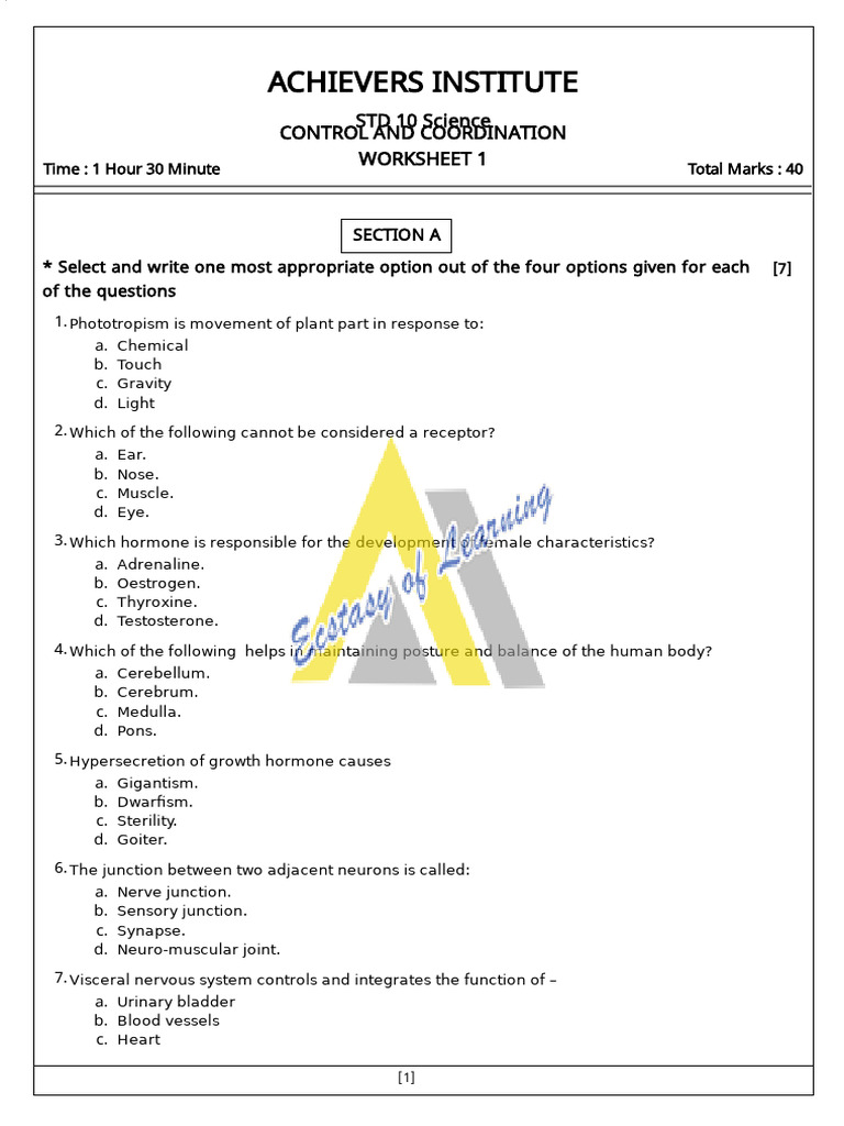 CONTROL AND COORDINATION WORKSHEET 1 | PDF | Hormone | Plant Hormone