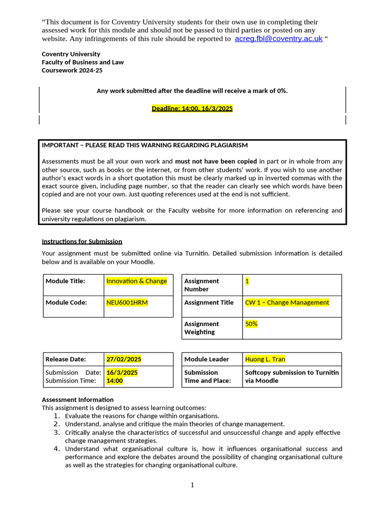 NEU6001HRM - CW1 Resit - IC Sep 2024 | PDF | Plagiarism | Organizational Culture