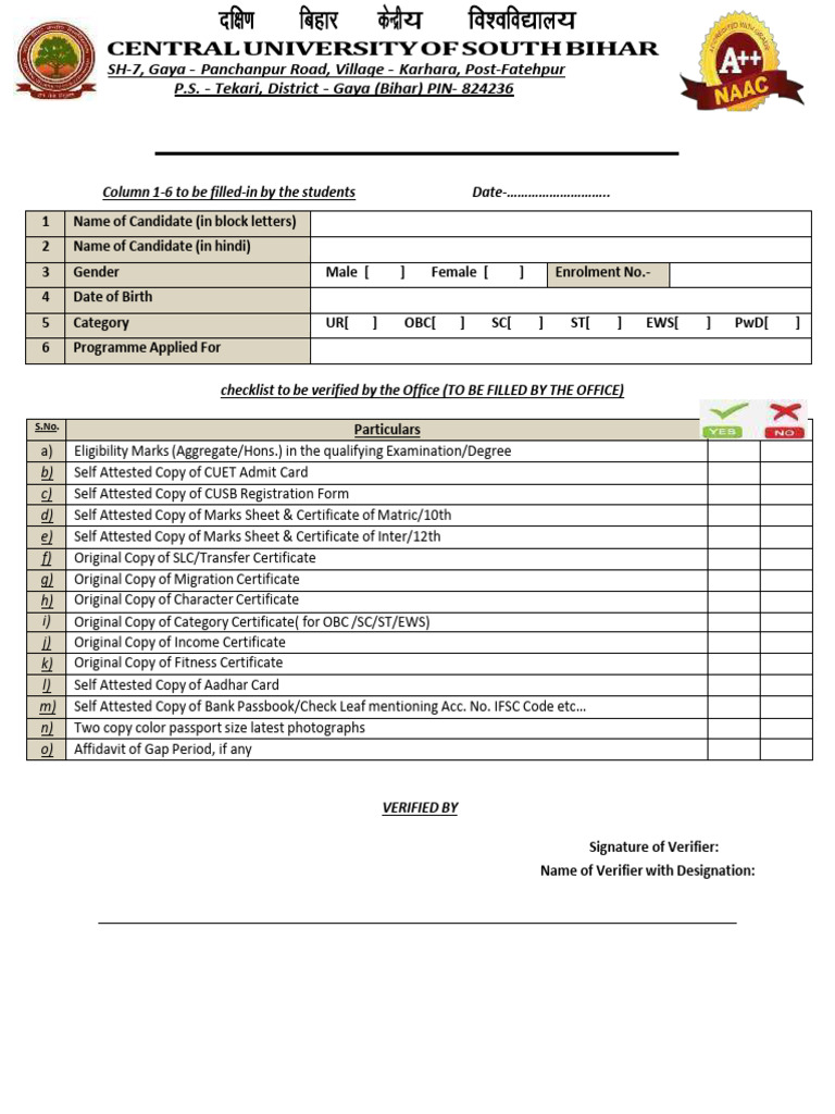 Ug Document Verification Checklist Pdf