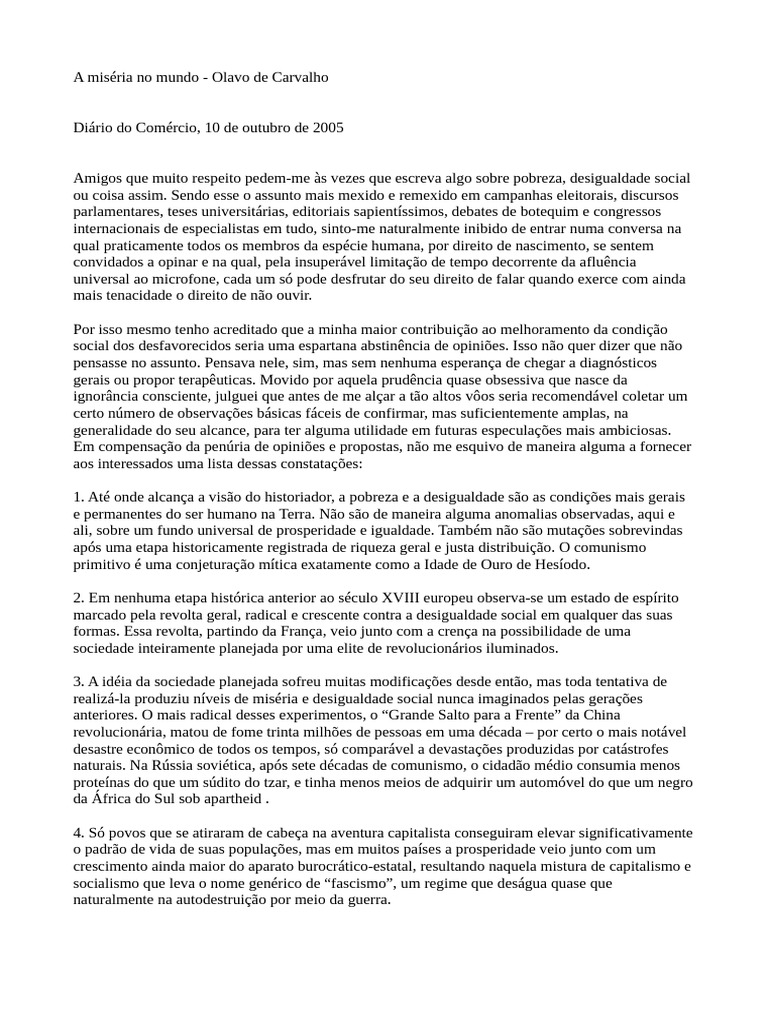 A Miséria No Mundo - Olavo de Carvalho | PDF | Capitalismo | Burocracia