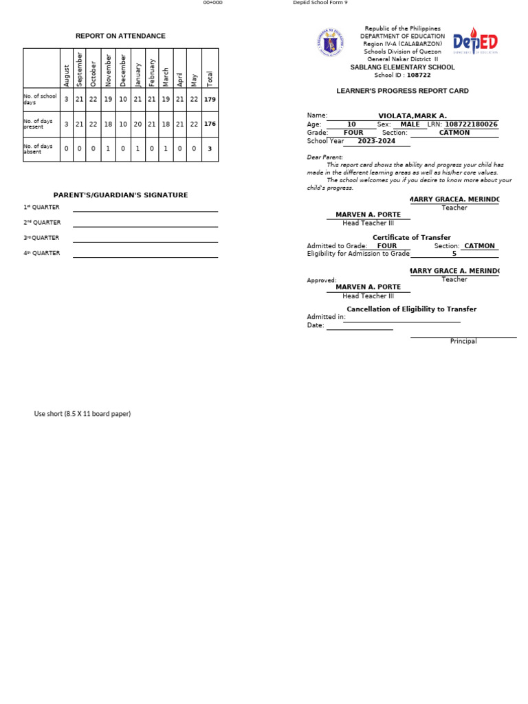 DepEd School Form 9 Attendance Report | PDF | Learning