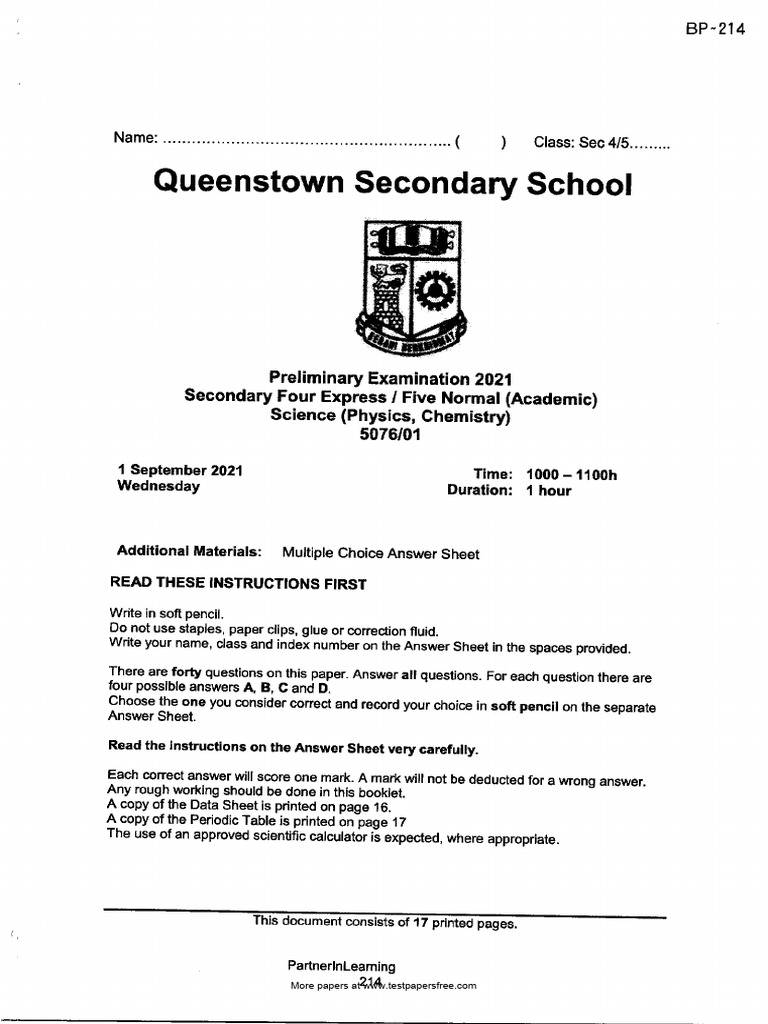 Sci Chem 2021 SA2 Queenstown | PDF