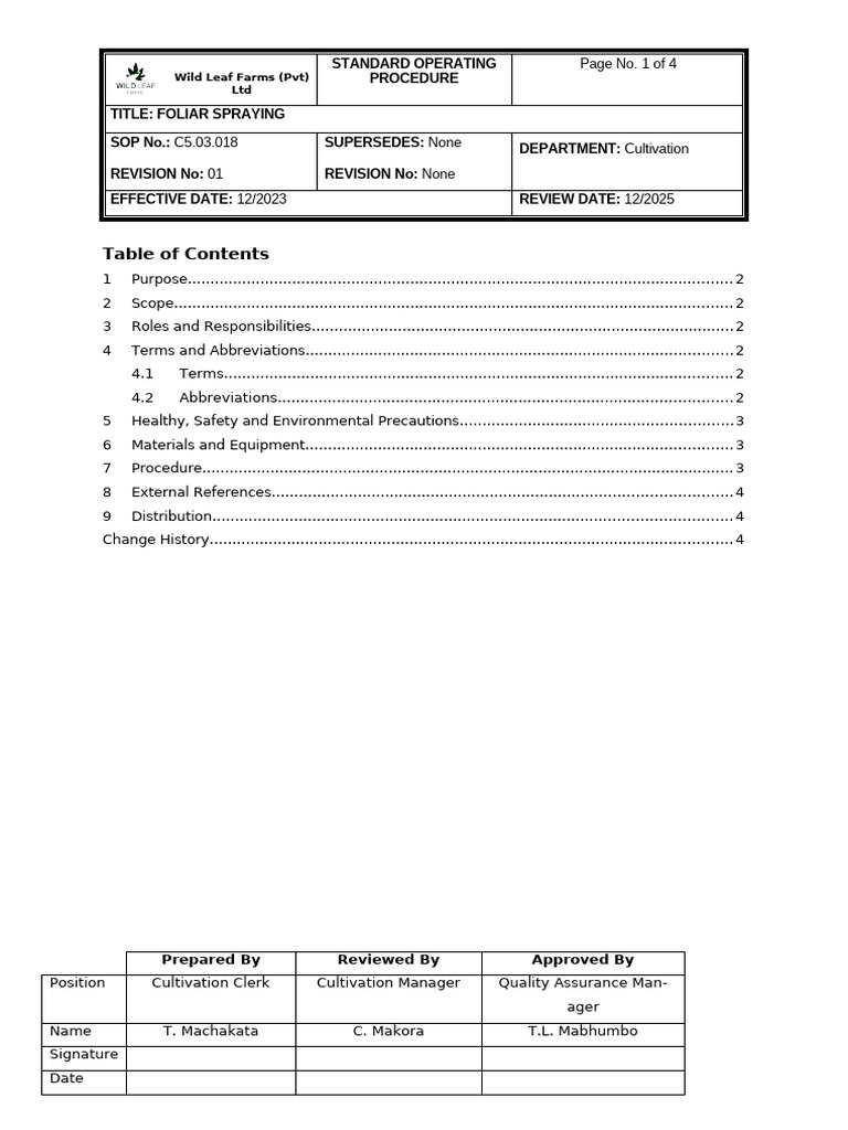 Foliar Spraying SOP for Cultivation | PDF | Agriculture