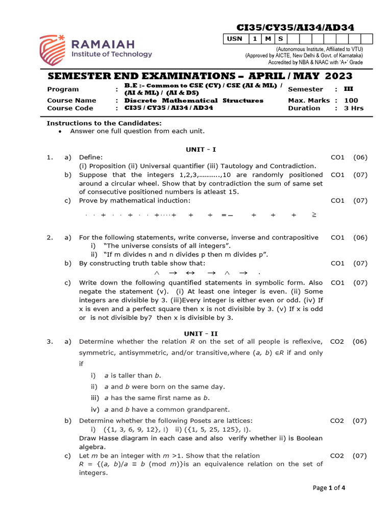 Discrete Mathematics Exam Paper 2023 | PDF | Group (Mathematics ...