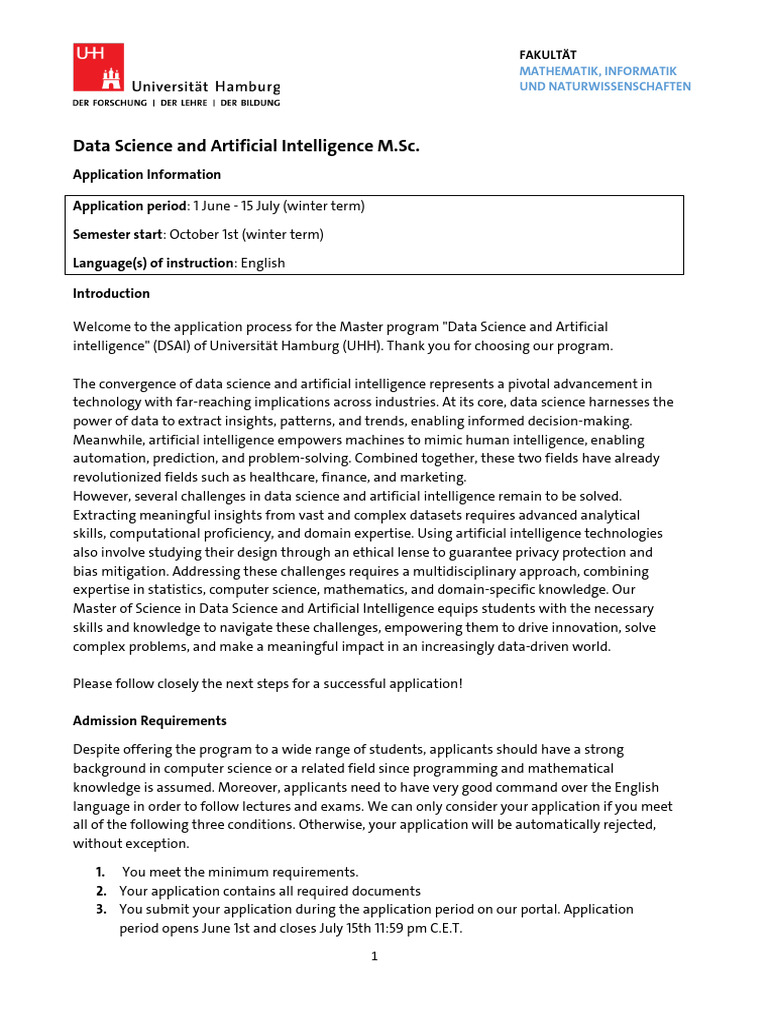 224 Bewerbungsinfo MSC Data Science and Artificial Intelligence | PDF | Academic Degree | Data ...