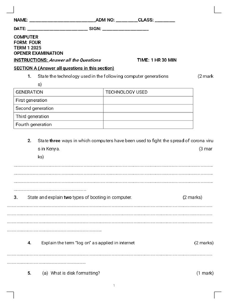 Computer Studies Form 4 End of Term Exams | PDF