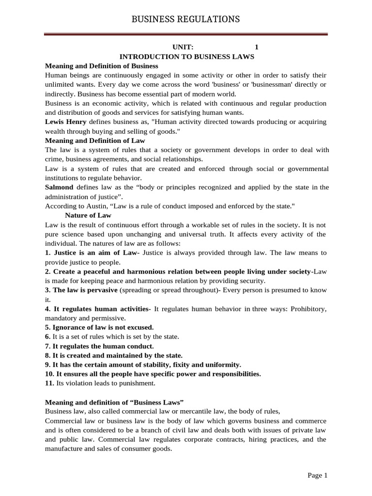 Unit 1 Introduction To Business Laws | PDF | Business | Common Law