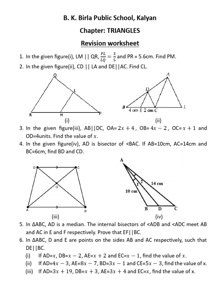 Revision Class Triangles Worksheet Class 10 | PDF | Elementary Geometry ...