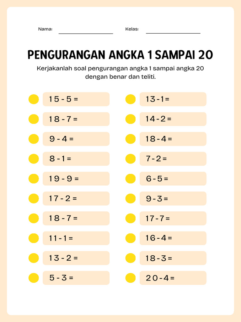 Soal Pengurangan Angka 1-20 Kelas 1 SD | PDF