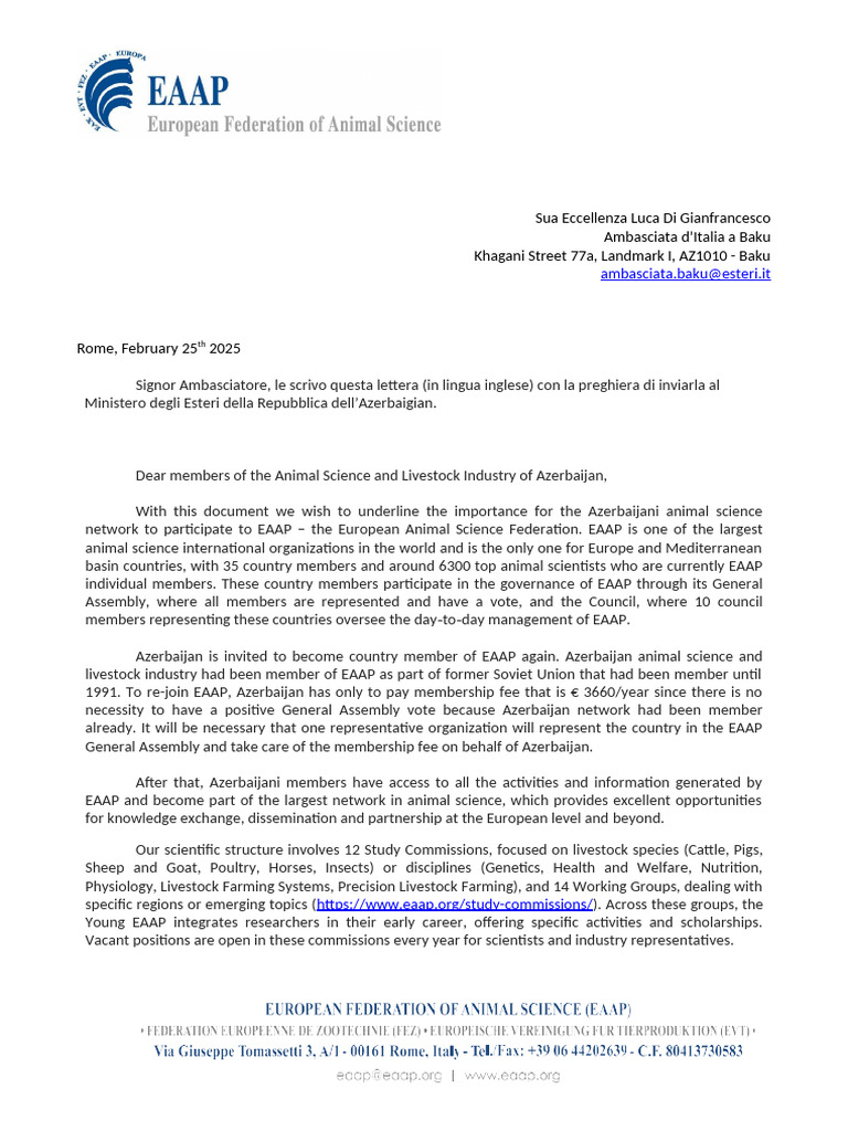 Lettera Da EAAP Per Azerbaijan 1 | PDF | Agriculture | Science