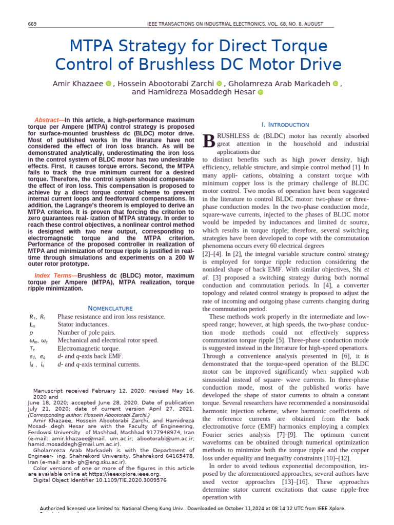 10 MTPA Strategy For Direct Torque Control of Brushless DC Motor Drive ...