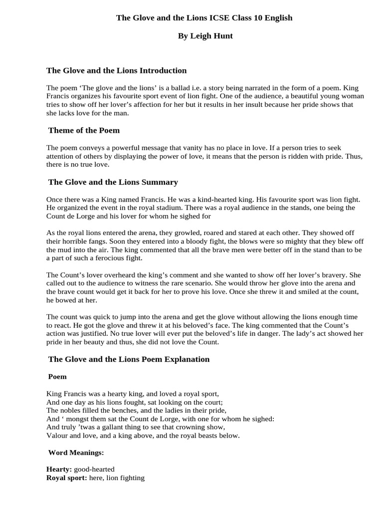 The Glove and The Lions Explaination | PDF