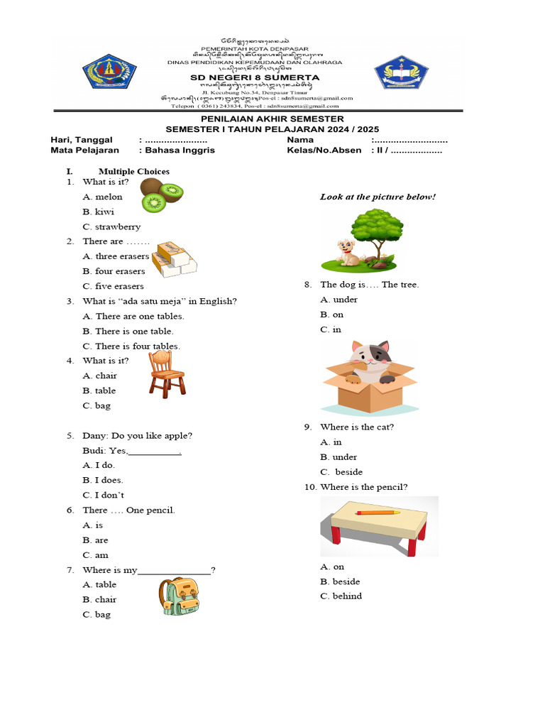 Soal Sas Bahasa Inggris Kls 2 SMT 1 Kumer 2024 | PDF